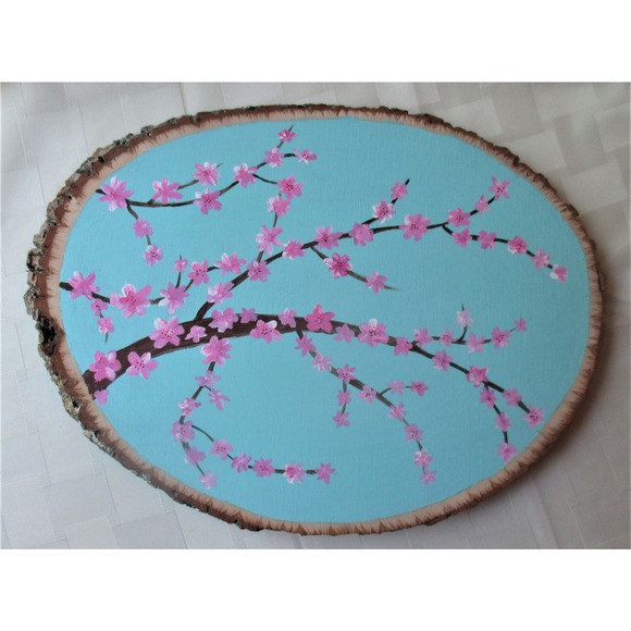 Hand Crafted | Art | Cherry Blossom Wood Slice Hand Painting Rustic ...